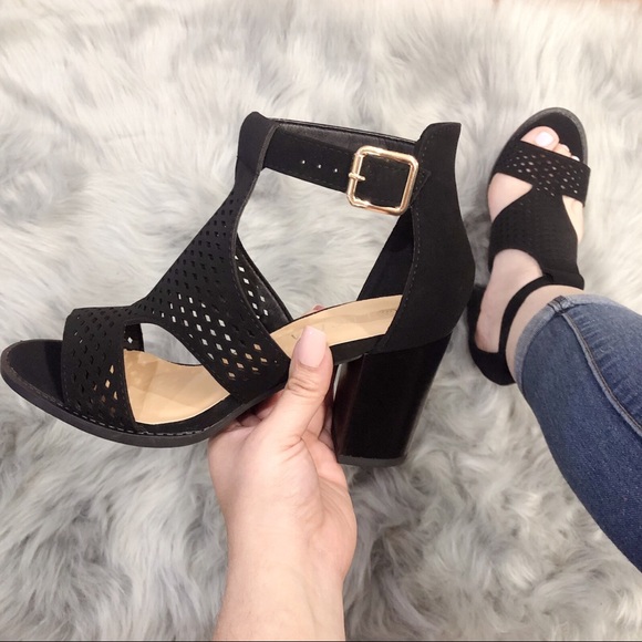 Shoes | Black Heel Open Toe Perforated Block He | Poshmark